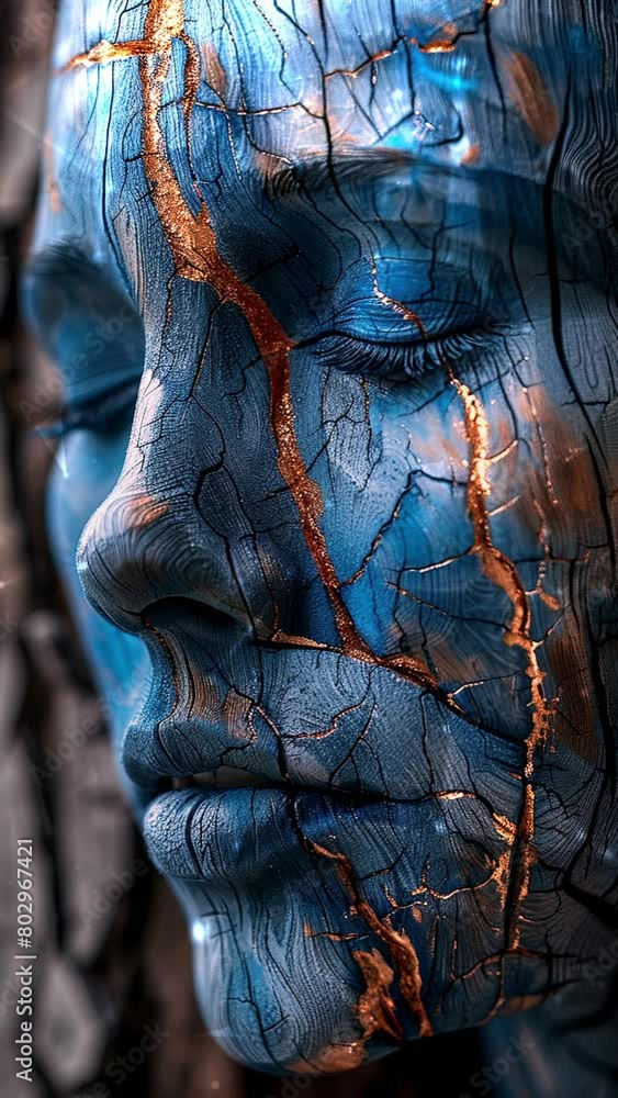 Blue wood face with gold fire veins. Fashion model. Cinematic style ...