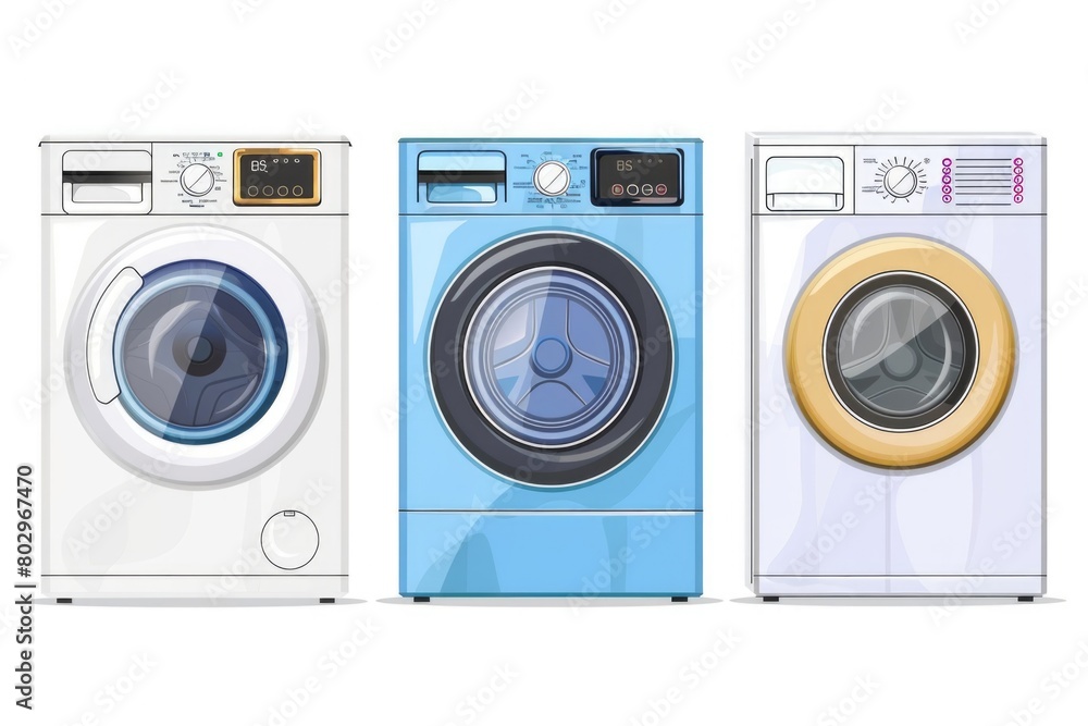 Three different types of washing machines on a white background ...