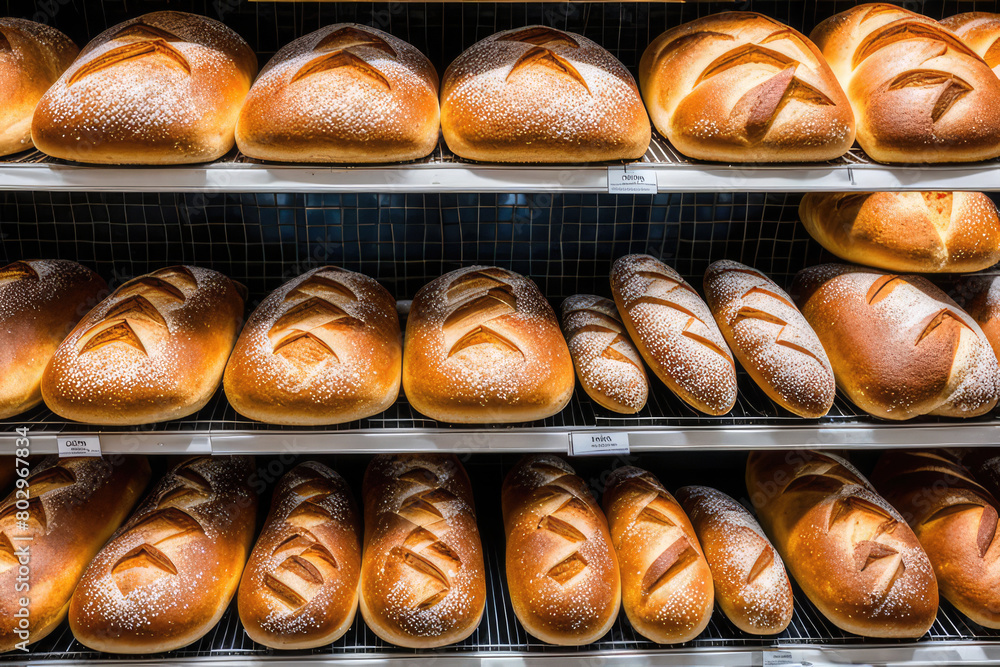 Delicious loaves of bread in a german baker shop. Different types of ...
