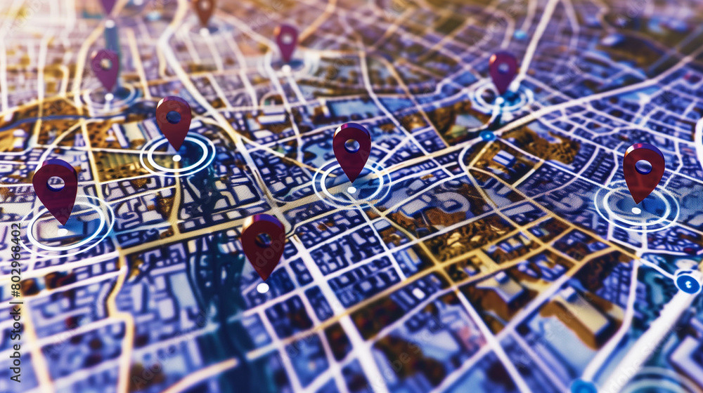 A digital map displaying pinpoint markers on various locations ...