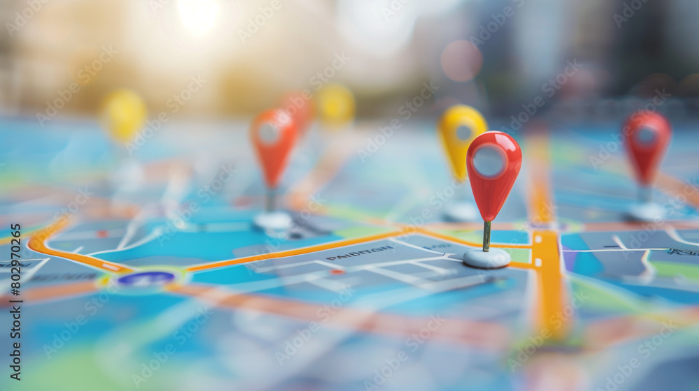 A digital map displaying pinpoint markers on various locations ...