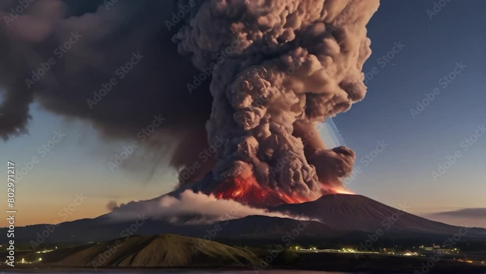 volcano eruption with massive high bursts of lava and hot clouds ...