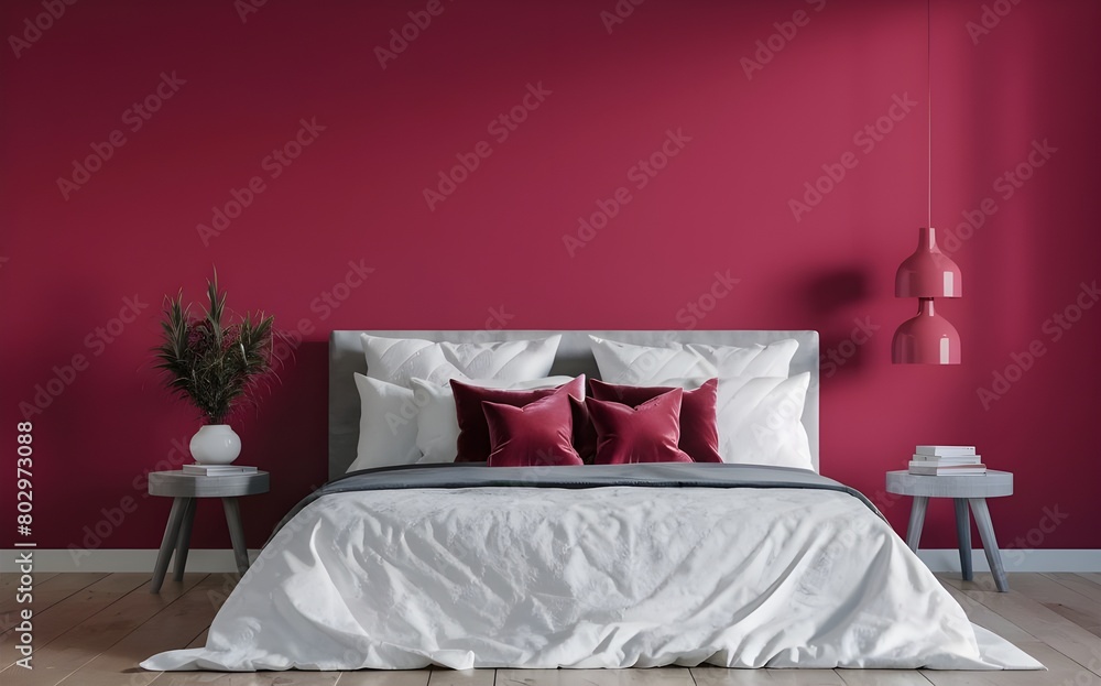 Empty painted viva magenta wall. White and crimson red burgundy color ...