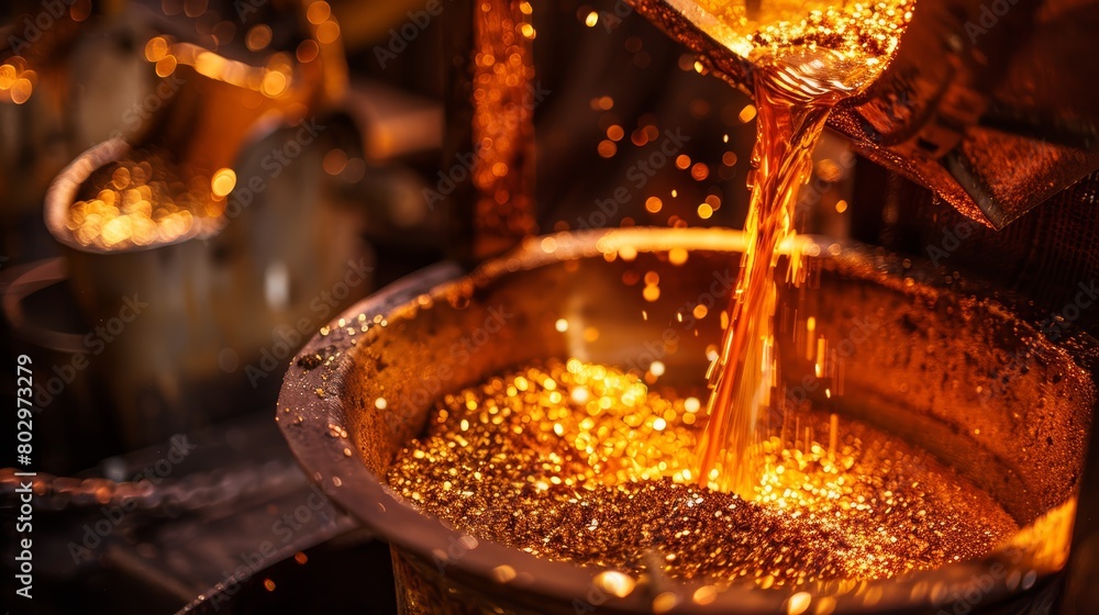 High-resolution photo of a gold refinery at work, focusing on a ...