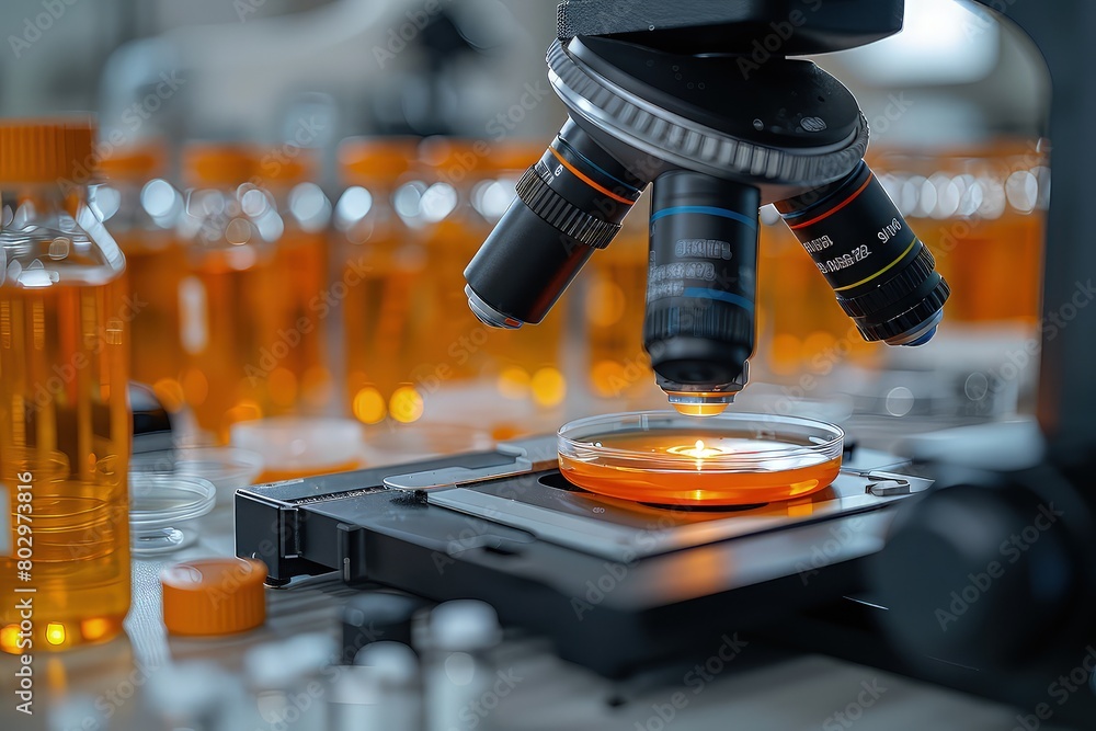 Microscope and petri dishes in a lab. A petri dish filled with growing ...