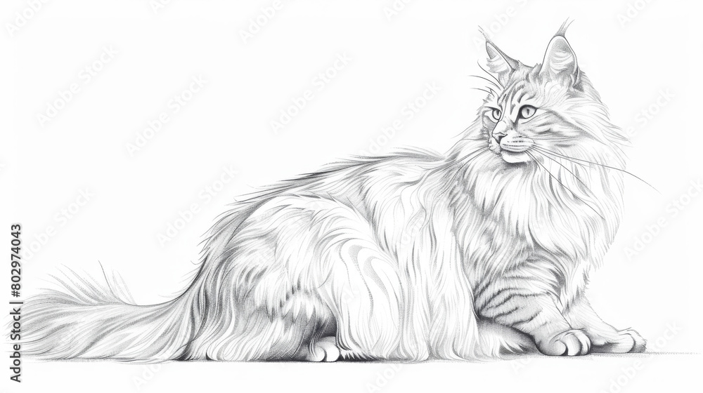 Artistic sketch of a standing Maine Coon cat, highlighting its detailed ...