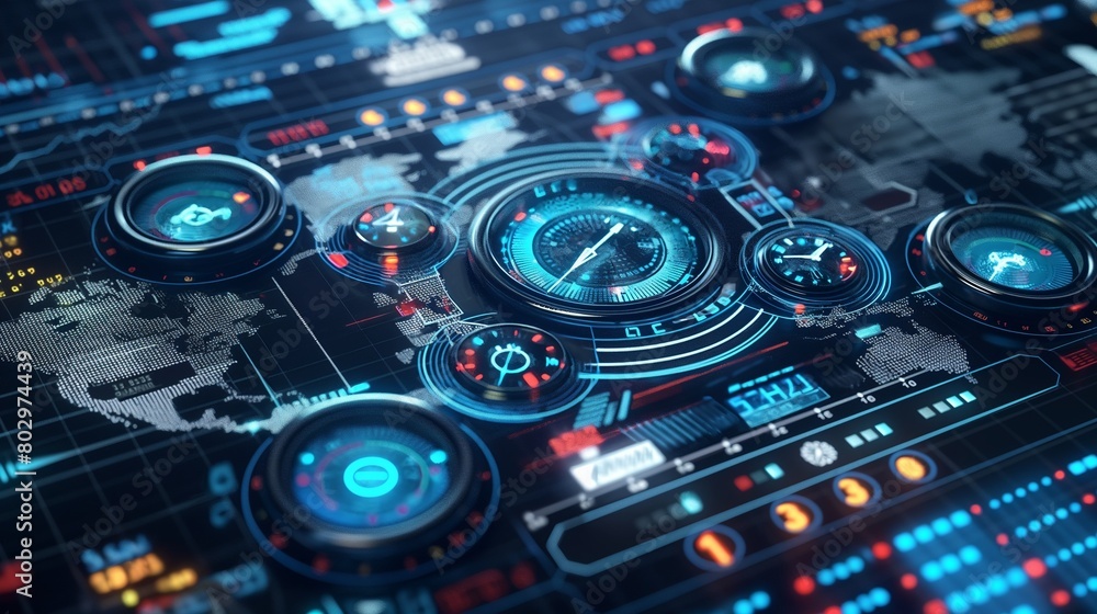 A set of futuristic, digital dials and knobs controlling the parameters ...