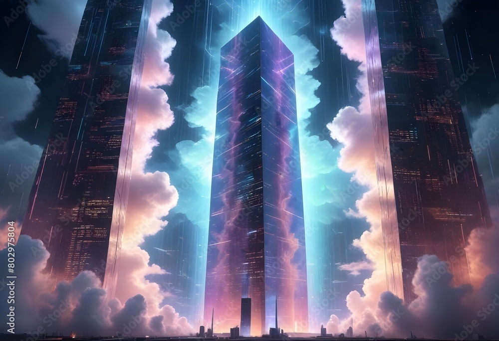 Purple electric towers depicting a cloud computer server community ...