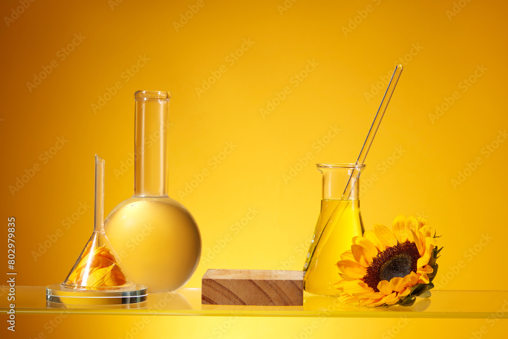 Lab and sunflower concept with empty podium in center, surrounded by ...