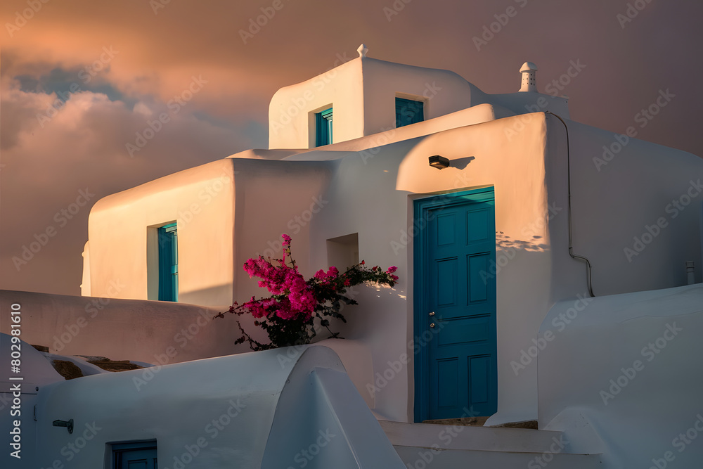 Traditional Greek Island Architecture with Vibrant Sunset and Floral ...