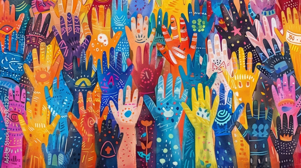 Colorful raised hands with different skin tones and patterns. Stock ...