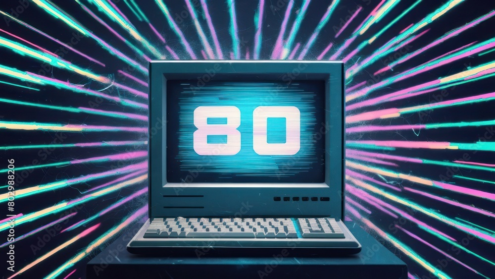 Vintage computer screen displaying 80s retro wave style background with ...