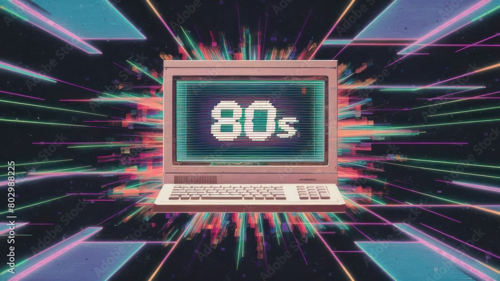 Vintage computer screen displaying 80s retro wave style background with ...