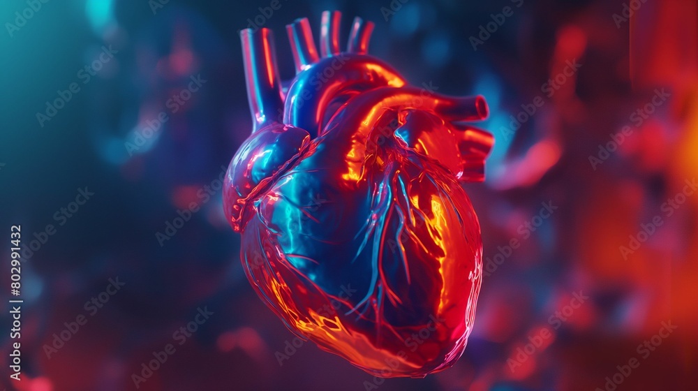 Realistic human heart model in blue and red hues on a dark blue ...