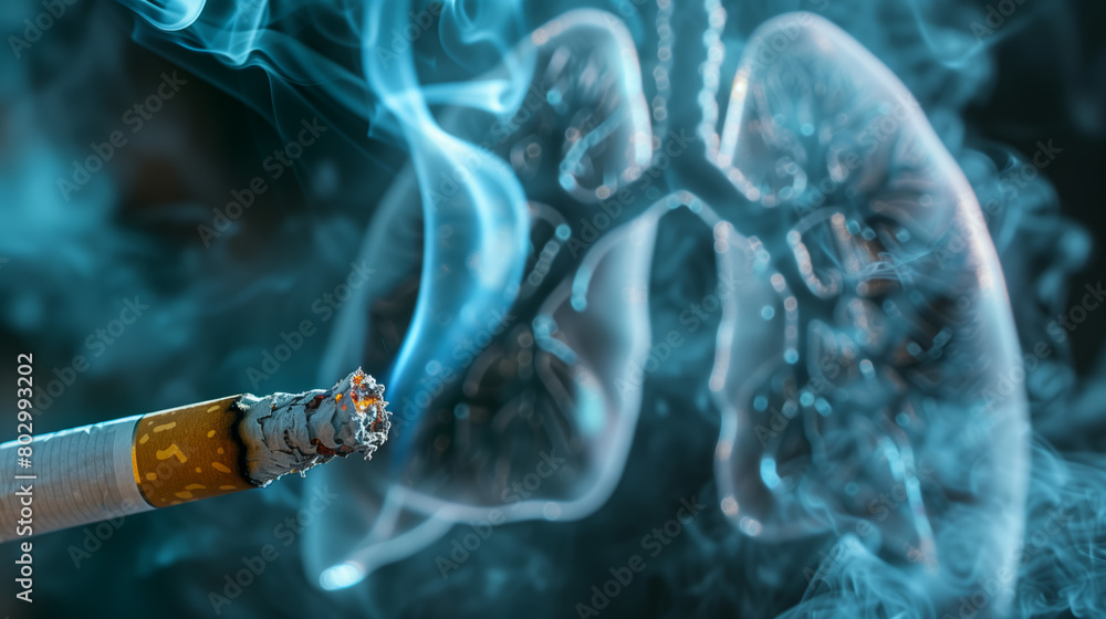 cigarette emits smoke in foreground, illustrating the harmful effects ...