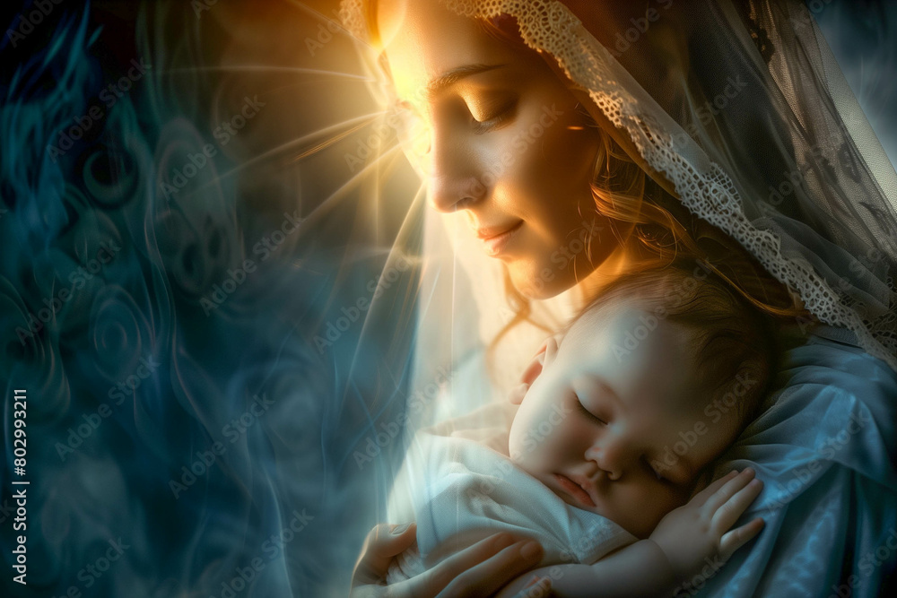 Virgin Mary with her son Jesus in her arms, A beautiful woman is ...