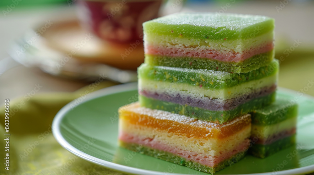 Colorful layers of malaysian kueh lapis on a green plate, showcasing ...