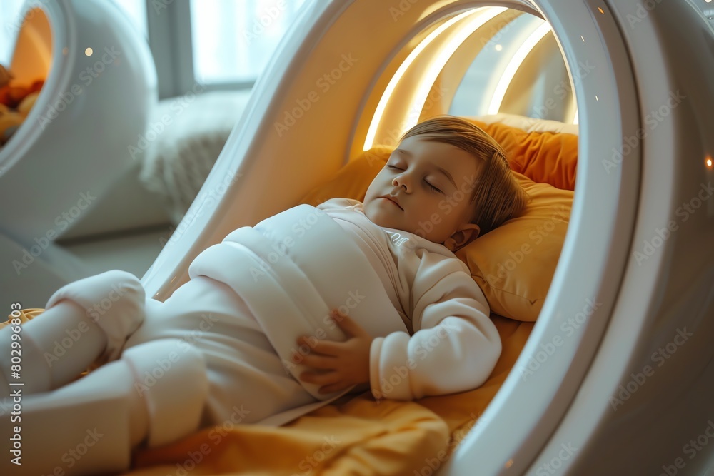 Toddler asleep in a robotic cradle that monitors dreams, serene nursery ...