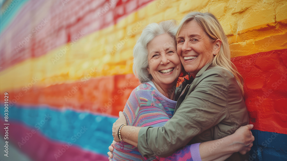 Against a vibrant rainbow background, a happy senior lesbian couple ...