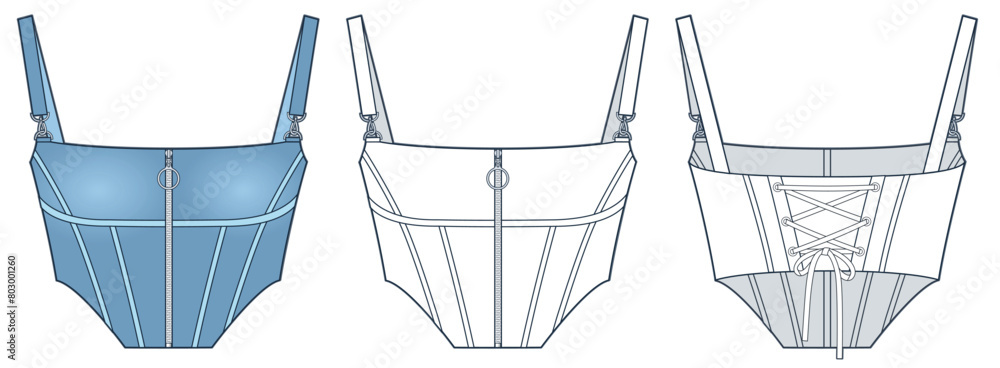 Corset Top technical fashion Illustration. Denim Corset fashion flat ...