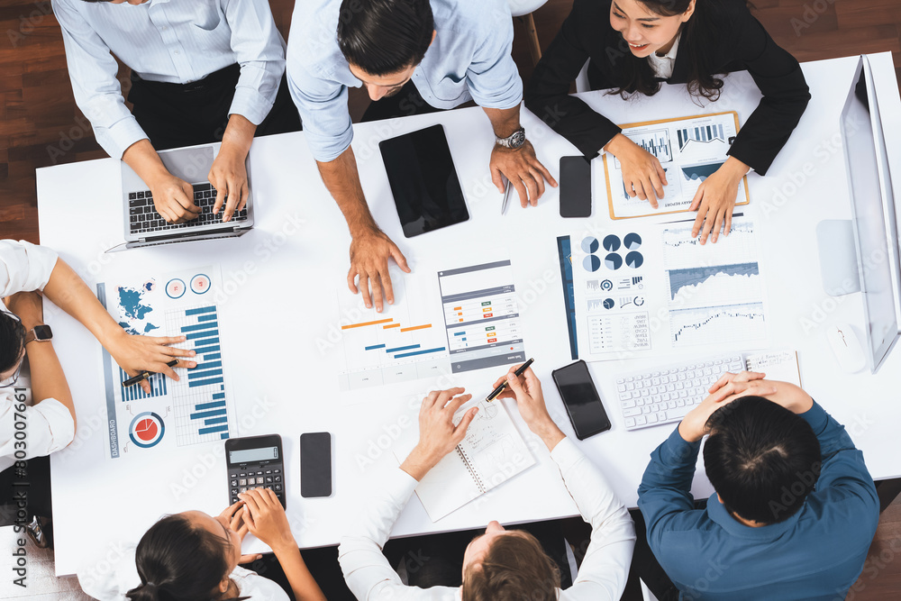 Top view project manager communicate and collaborate with team using ...