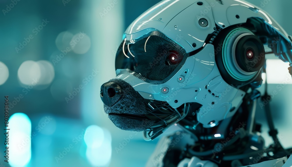 Generate a photo of a robot dog made of metal with glowing red eyes ...