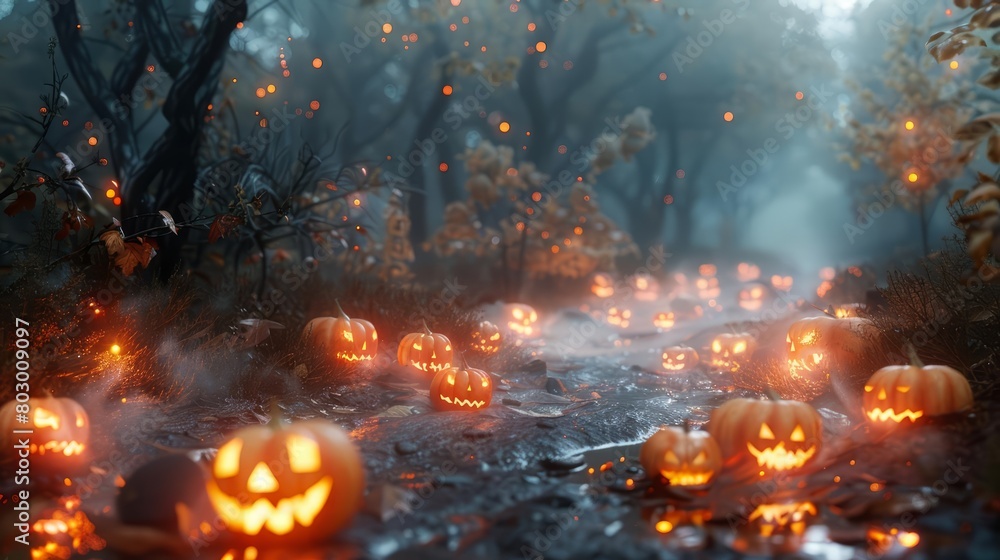 A dark and mysterious forest path is lit by the flickering light of jack-o'-lanterns. The path ...