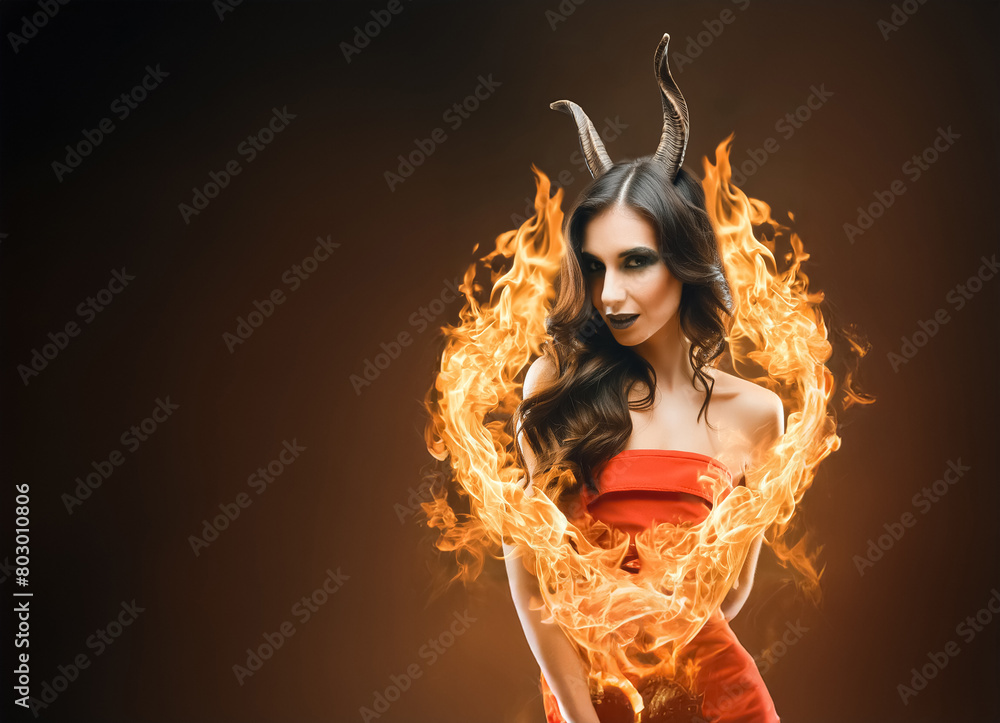 Enigmatic Woman with Devilish Aura Engulfed in Flames, Portraying ...