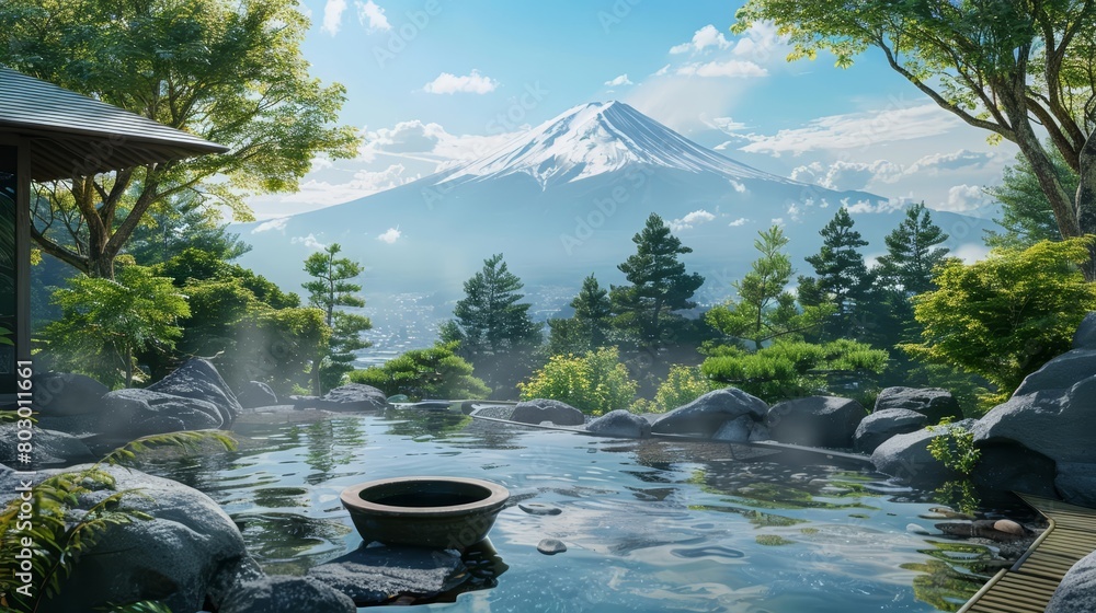 A serene landscape with a view of Mount Fuji and a traditional Japanese ...