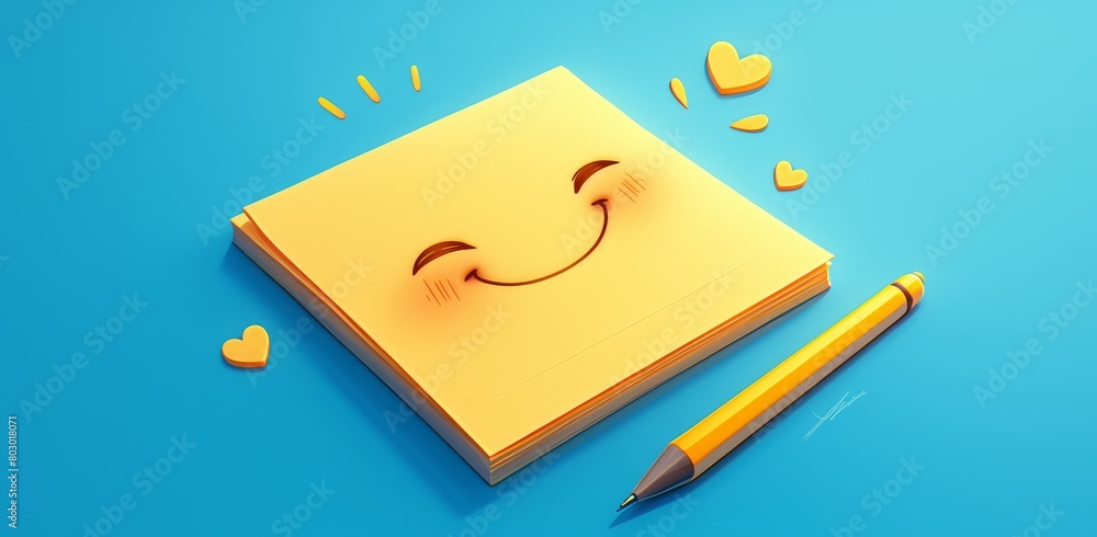 A yellow sticky note with an illustration of happy emoji on it, against ...
