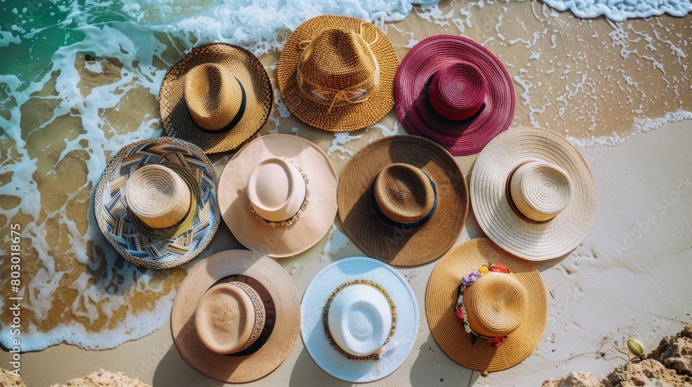 A stack of hats forming a circle pattern on the beach, resembling a ...