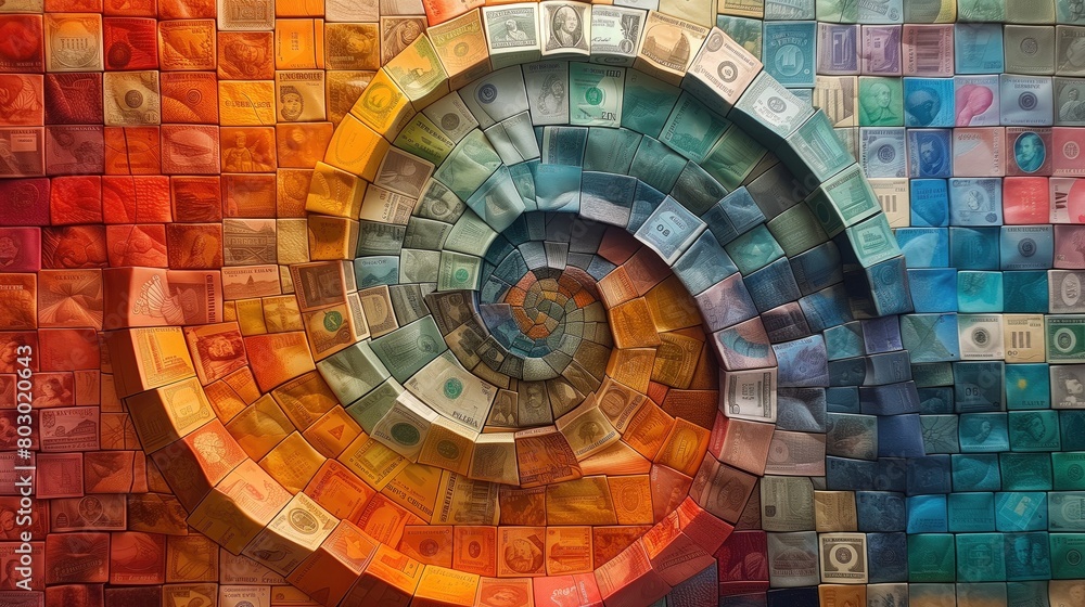 A creative composition of currency notes from around the world arranged ...