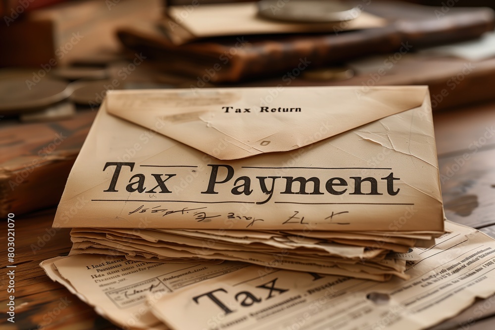 A stack of envelopes labeled "Tax Return" and "Tax Payment" on a desk ...
