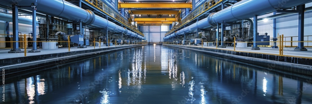 In depth look at a water treatment facility with pipes and filtration ...