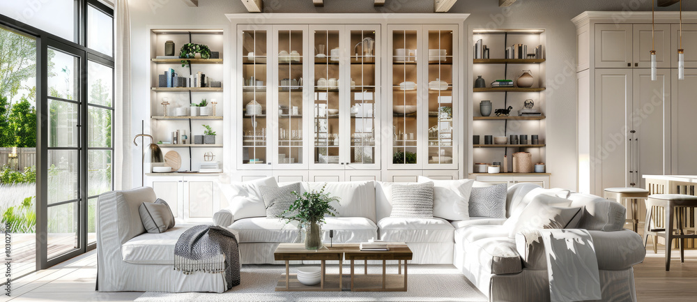 Beautiful living room and kitchen interior design with white cabinets ... Beautiful living room and kitchen interior design with white cabinets ...