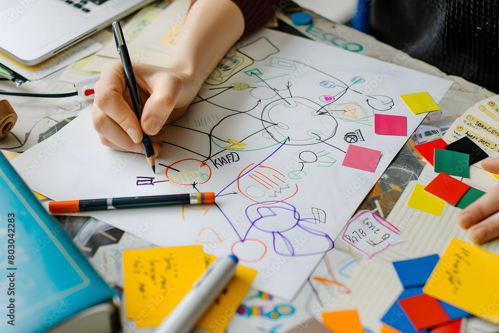 Shot of person drawing flowcharts on paper with desk covered in index ...