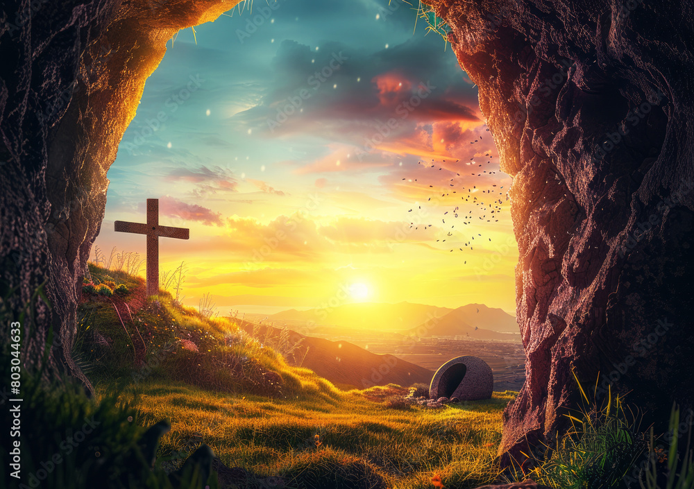 holy saturday,The empty tomb of Jesus Christ with the cross outside at ...