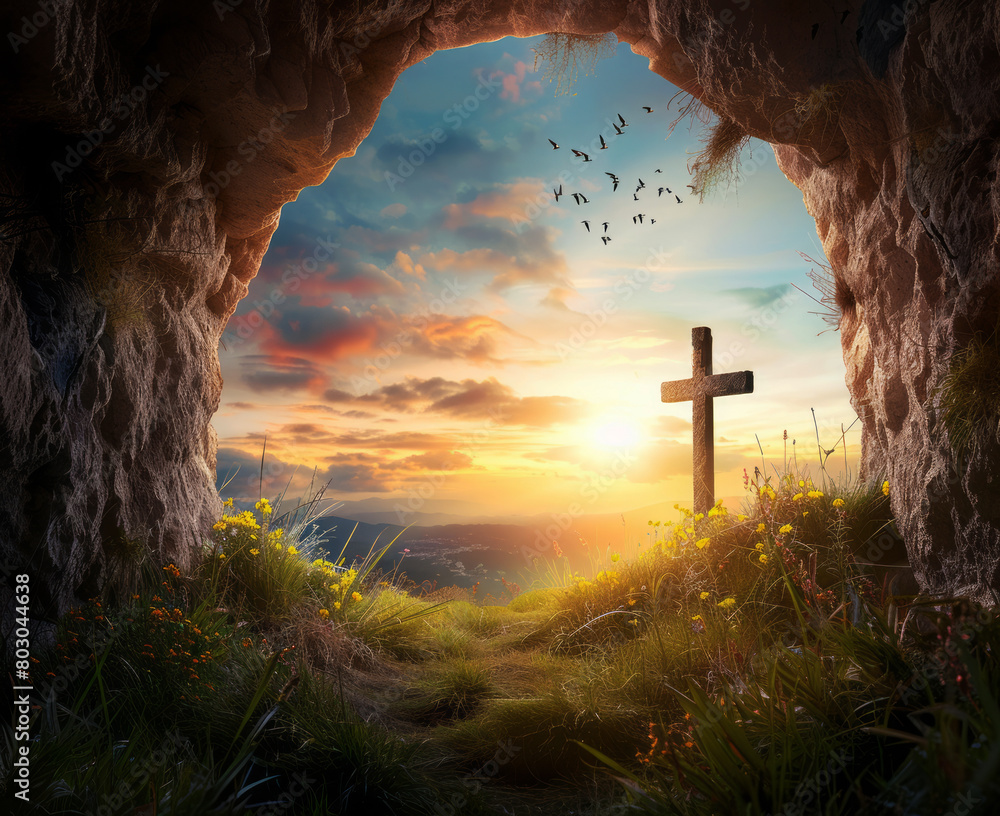 holy saturday,The empty tomb of Jesus Christ with the cross outside at ...