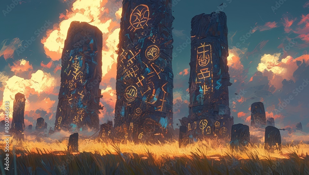 concept art of ancient runes carved into tall stone pillars, lit by ...