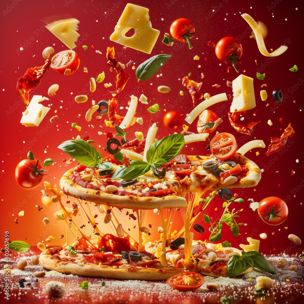 Foto de An explosion of pizza toppings in mid-air against a red ...