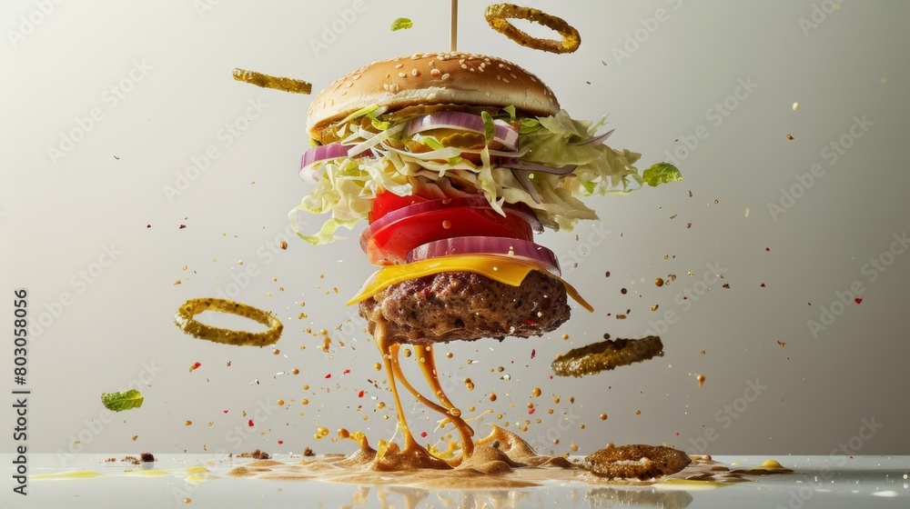 Exploding hamburger with layers separating in mid-air, showcasing ...