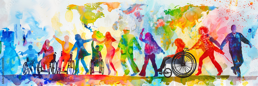 Colorful art watercolor painting depicts a diverse group of ...