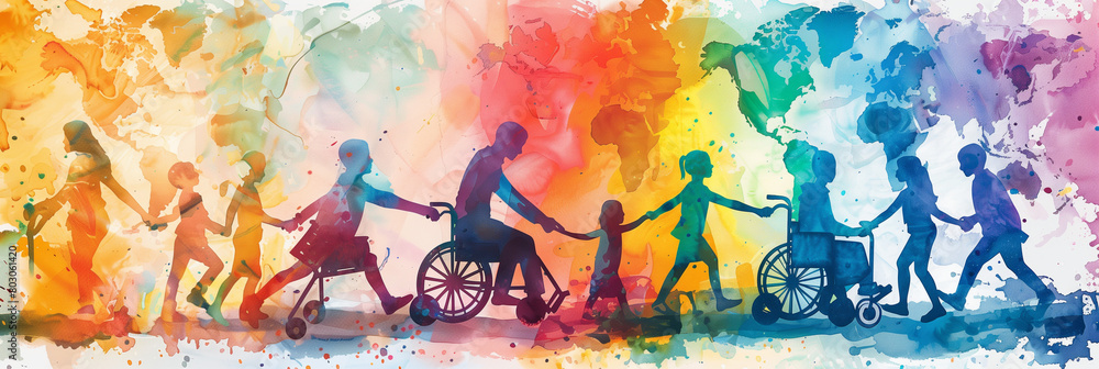 Colorful art watercolor painting depicts a diverse group of ...