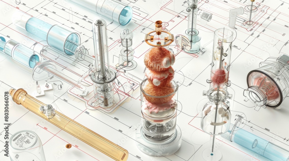 This image features a 3D illustration of mechanical drawings with ...