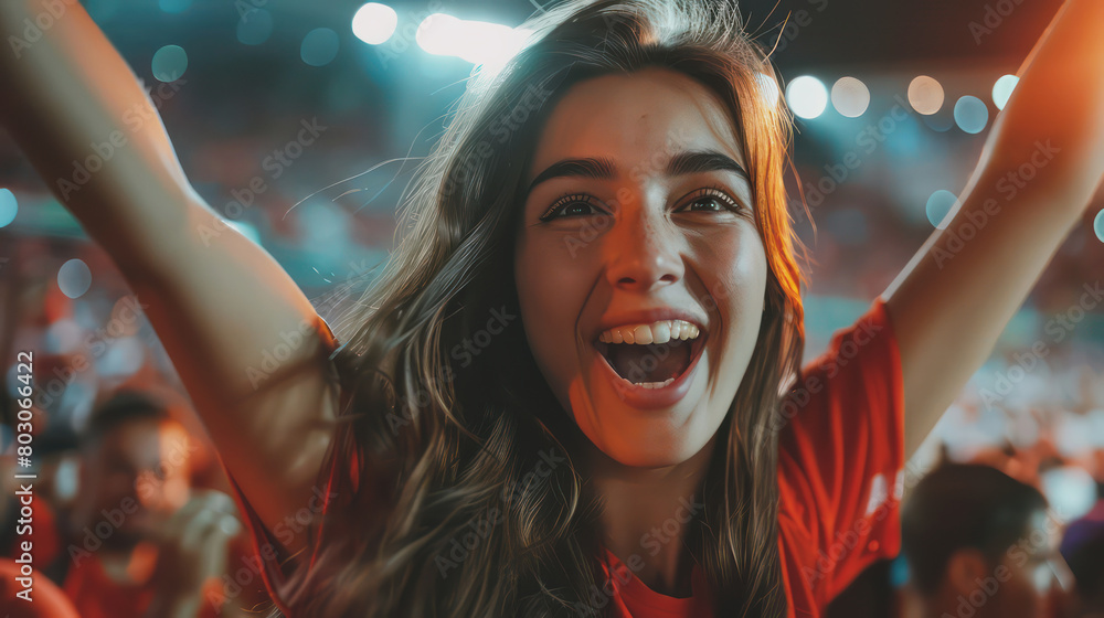An excited young beautiful woman fan wearing a sport shirt cheered at ...