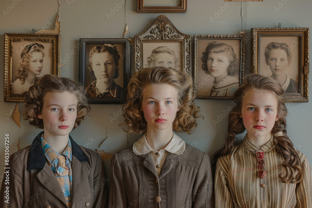 A series of framed photographs on a wall, each depicting a different ...