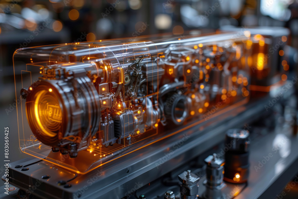 A scene showing the interior of a car engine, with highlighted areas ...