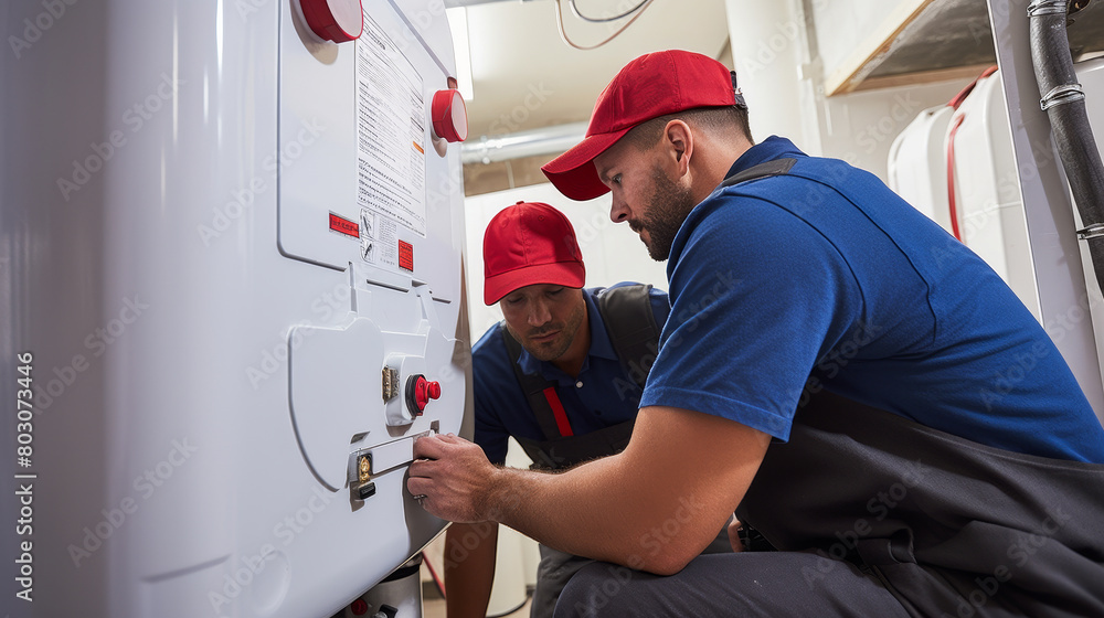 Skilled plumbers at work fitting a new water heater. Stock Photo ...