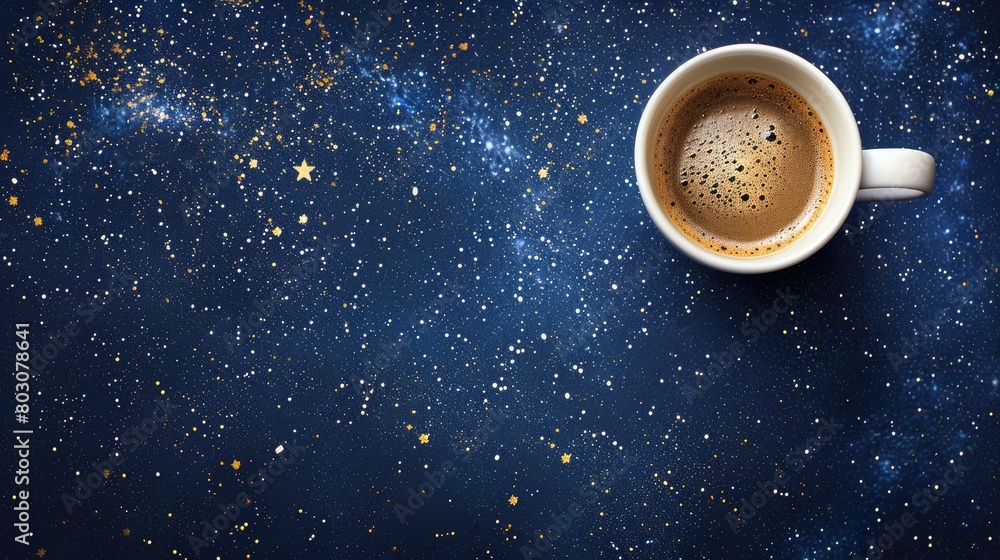 Cup of coffee and stars on a dark blue background. Concept of the ...