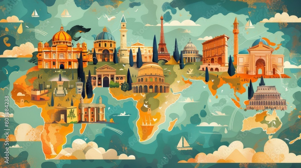 Illustrated world map with famous landmarks from different continents ...
